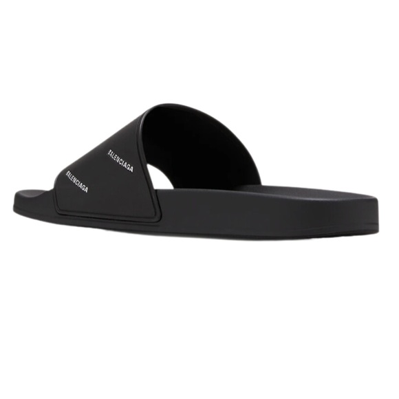 Balenciaga | Shoes | Balenciaga Pool Slides With Allover Logo Lettering ...